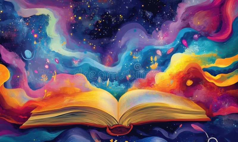 Open Book Surrounded by Vibrant Cosmic Colors and Swirling Galaxies ...