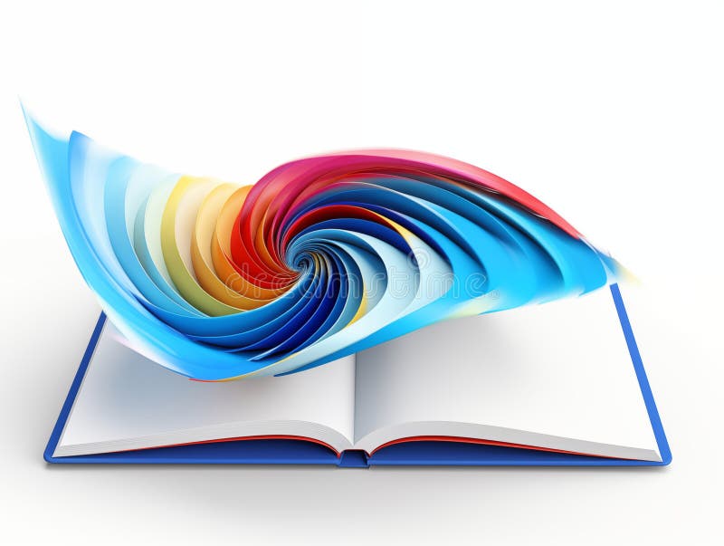 Open Book with Swirling Colorful Pages Creating Vortex Effect on White ...