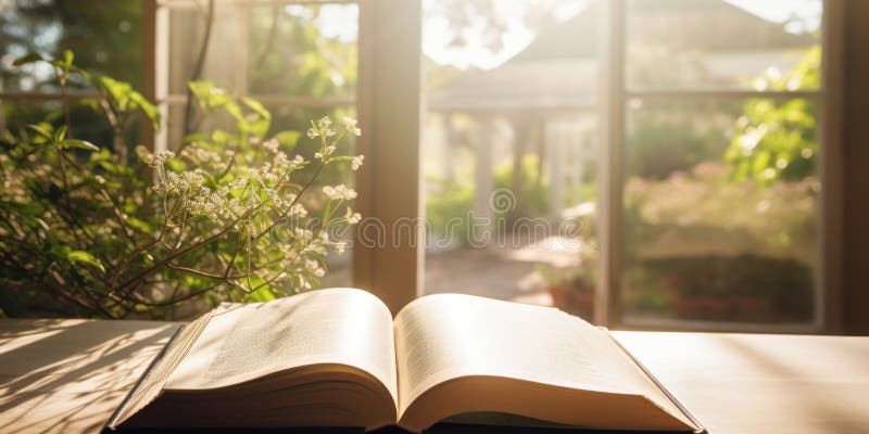 Open Book on Table with Garden View by Window. Quiet Moment with Book ...