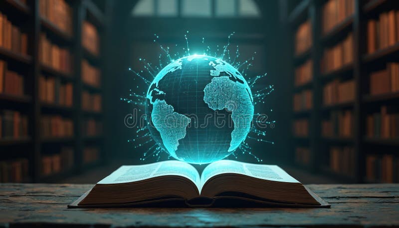 Open Book on Table with Glowing Digital Data Globe. Library Background ...