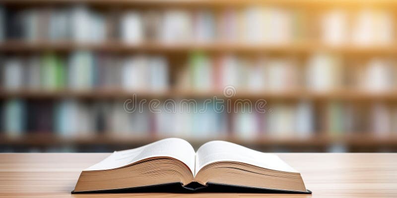 Open Book on Table in Library with Bookshelves Stock Illustration ...