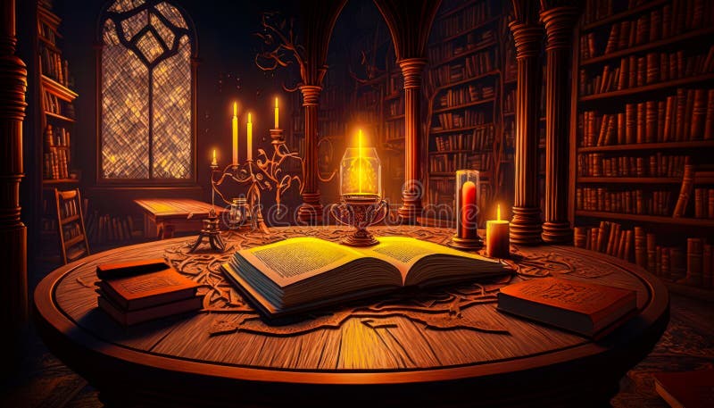 An Open Book on Table in Library. Fantasy Stock Illustration ...