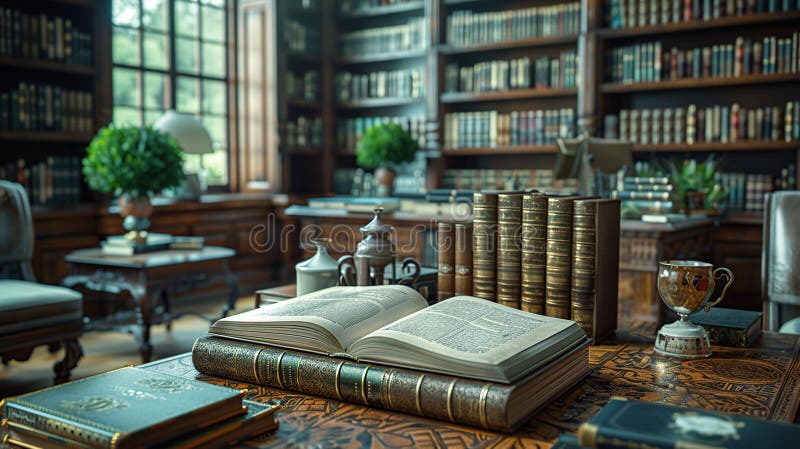 Open Book on a Table in a Library Stock Illustration - Illustration of ...