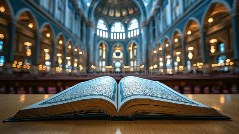 Open Book on Table in Ornate Church, Blurred Background Suggests Prayer ...