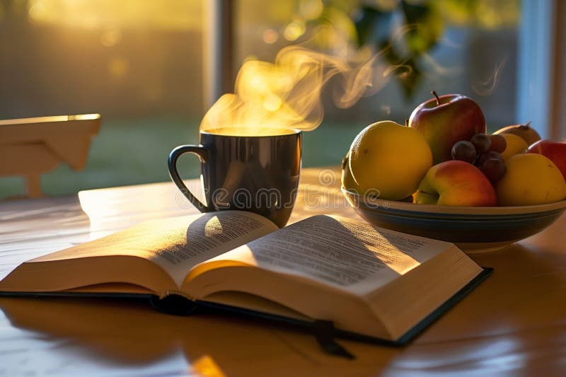 Open Book on Table, Steamy Tea Mug, Morning Light on Fruit Bowl Stock ...