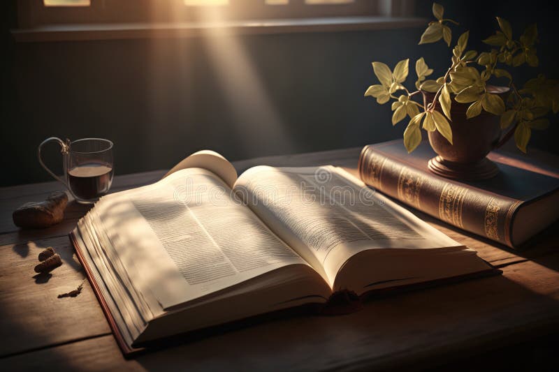 Open Book on Table with Warm Sunlight. Stock Illustration ...