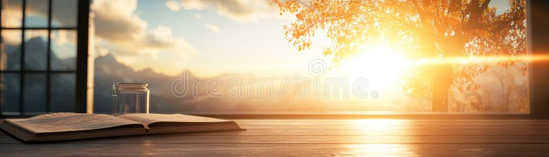 Open Book on a Table by Window with Morning Sunlight Streaming through ...
