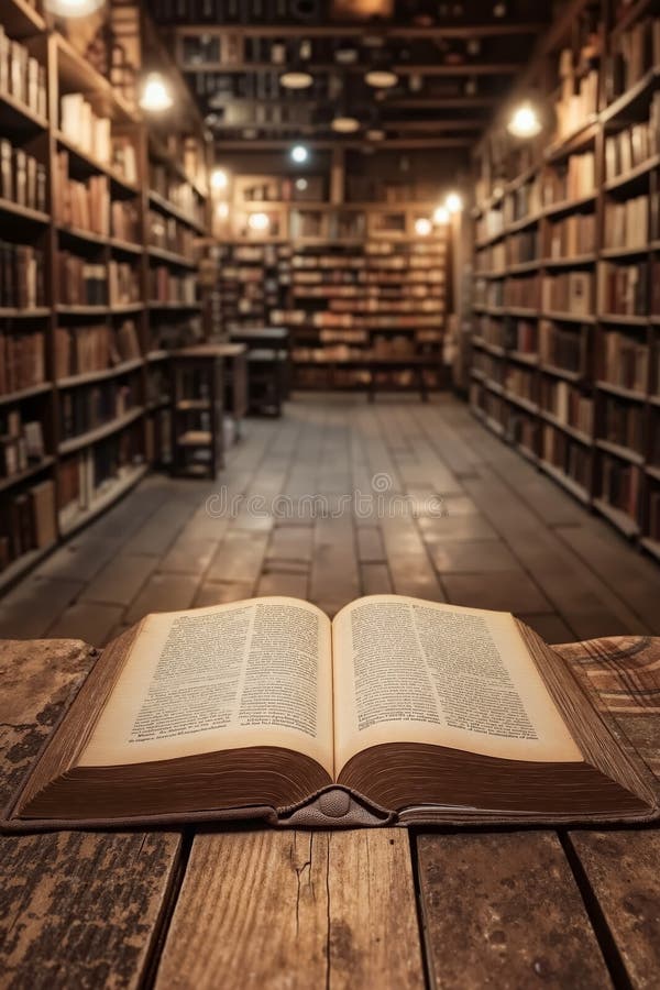 An Open Book on a Wooden Table in a Library Stock Photo - Image of room ...
