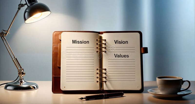 An Open Book with the Text Word "Mission", "Vision", and "Values ...