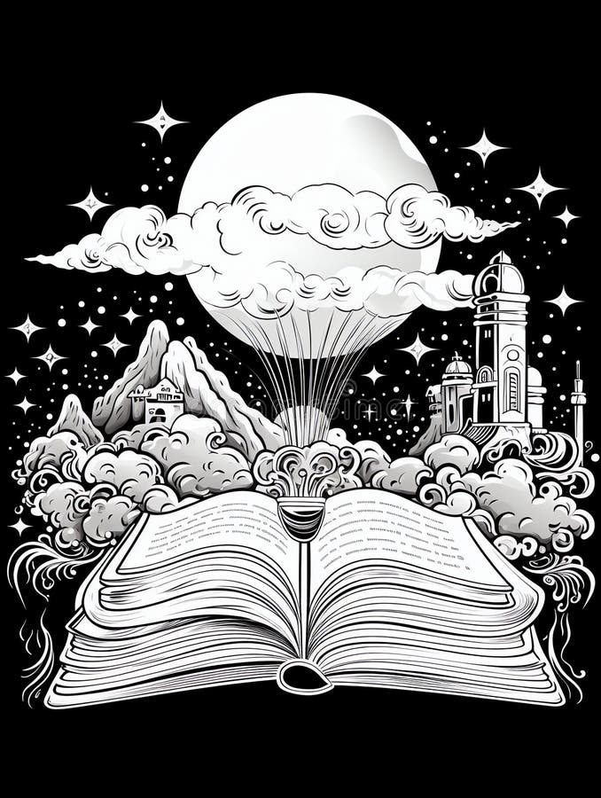 Open Book with a Thought Bubble of a Fantasy World Bookworm Coloring ...