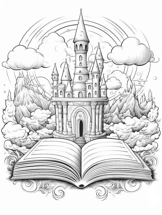 Open Book with a Thought Bubble of a Fantasy World Bookworm Coloring ...