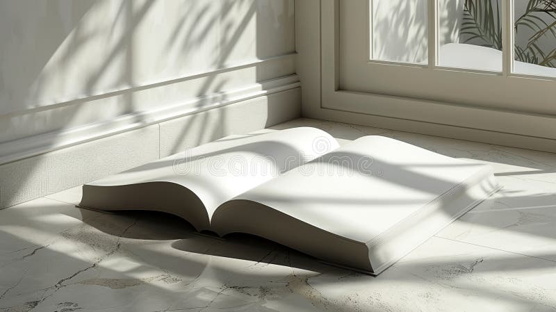 Open Book on White Tile Floor with Window Light and Shadow Stock ...