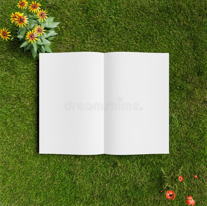 Open Book on Top View Grass Field, White Book Mock Up Design Stock ...