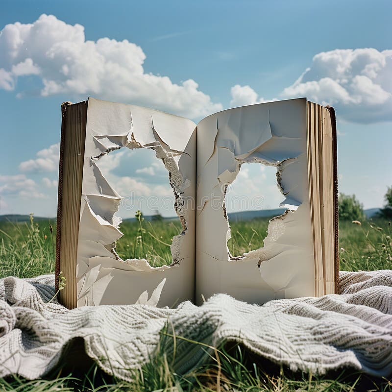 Open Book with Torn Pages Revealing a Landscape Stock Photo - Image of ...