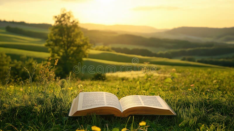 Open Book in Tranquil Countryside Setting at Sunset with Lush Greenery ...