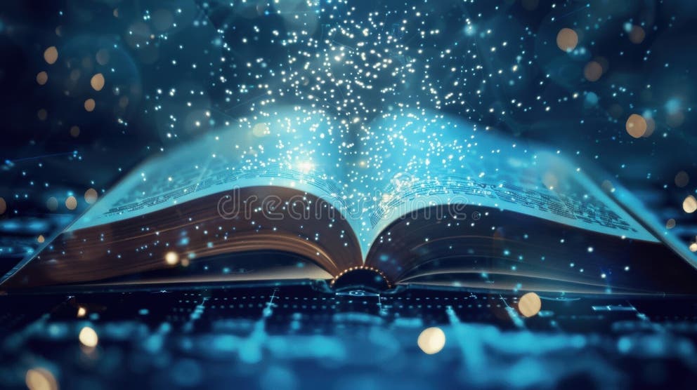 Open Book Transforming into Digital Data Stream with Futuristic Lights ...