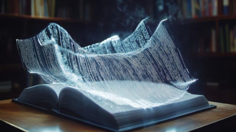 Open Book Transforming into Futuristic Hologram Text in Library Setting ...
