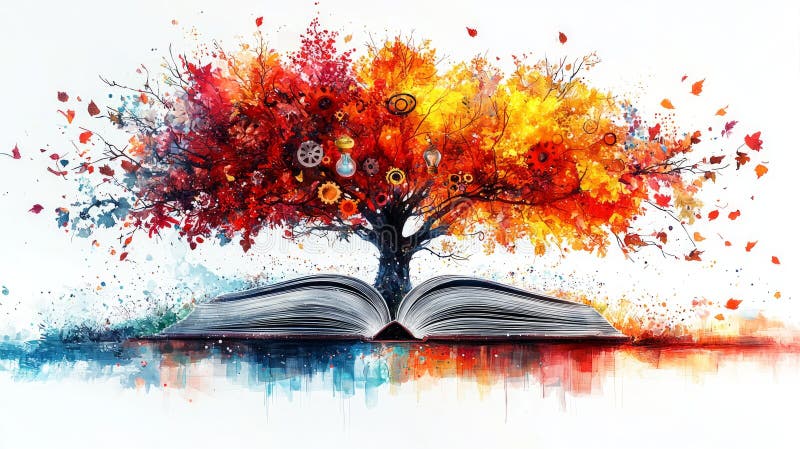Open Book Transforms Lush Tree Filled Colorful Leaves and Symbols ...