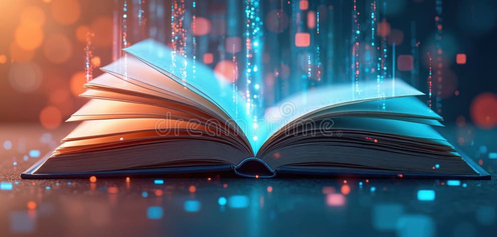 Open Book Transitions into Digital Data Stream, Pixels, Light Particles ...