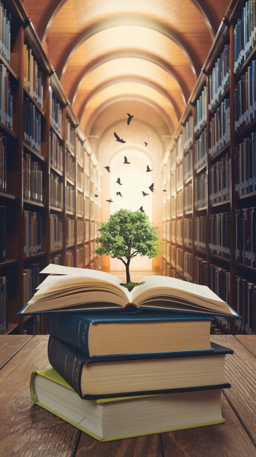 Open Book with Tree Growing, Birds Flying in Warm Library Stock ...