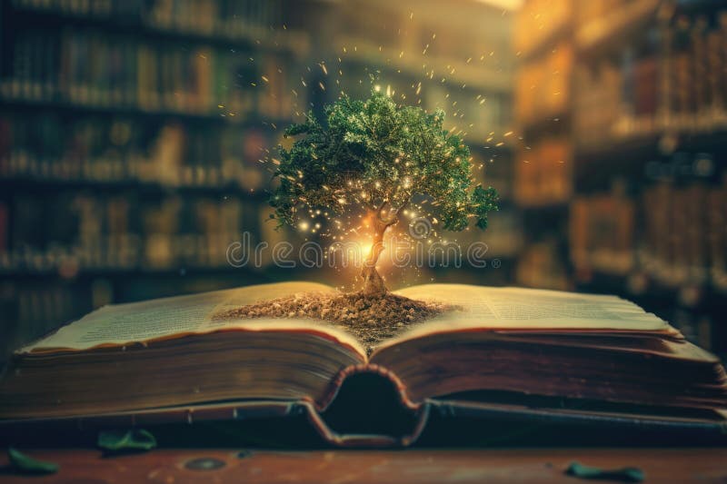 An Open Book with a Tree Growing Out of it Stock Photo - Image of ...