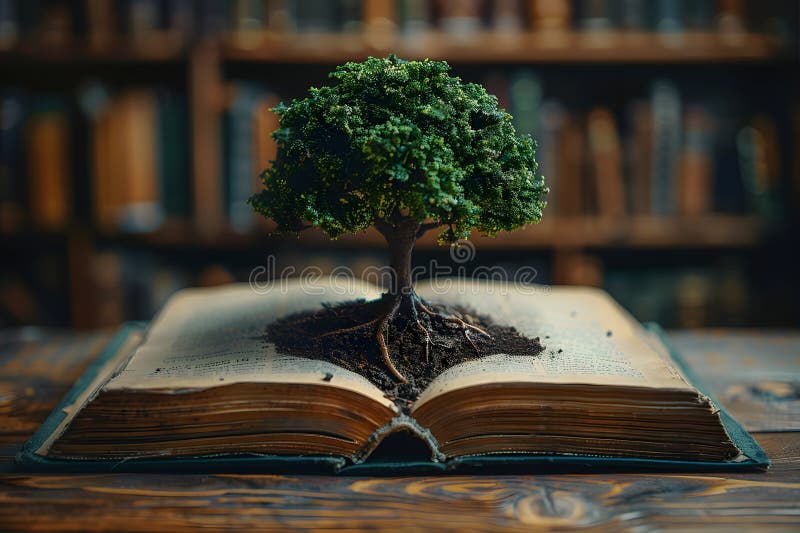 Open Book with Tree Growing Out Generative AI Stock Illustration ...