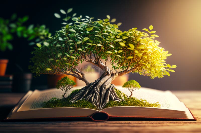 Open Book with Tree Growing Out of it on Top of Table. Generative AI ...