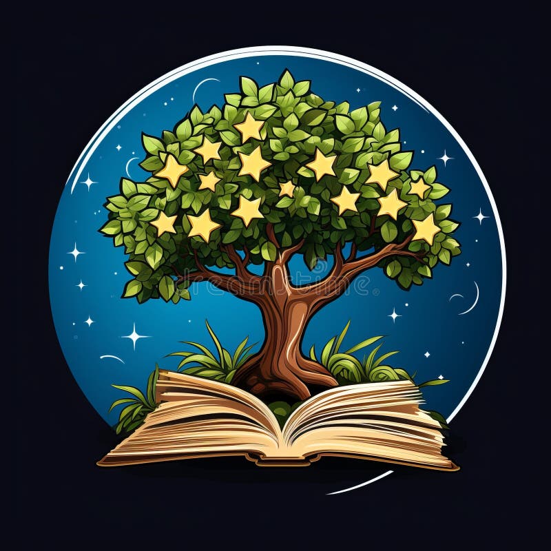 An Open Book with a Tree and Stars on it Stock Illustration ...