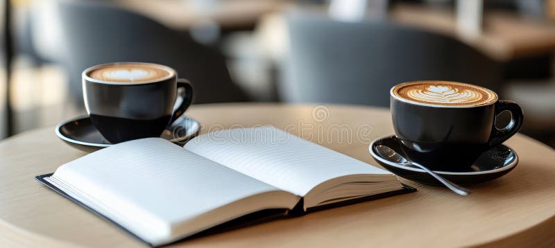 Open Book and Two Latte Art Coffees on a Cafe Table Cozy Coffee Break ...