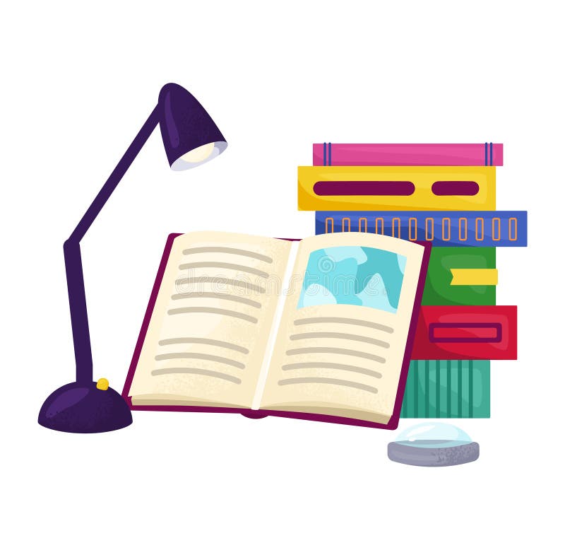 Open Book Under Lamp Light Stack Books Eraser. Studying, Reading ...