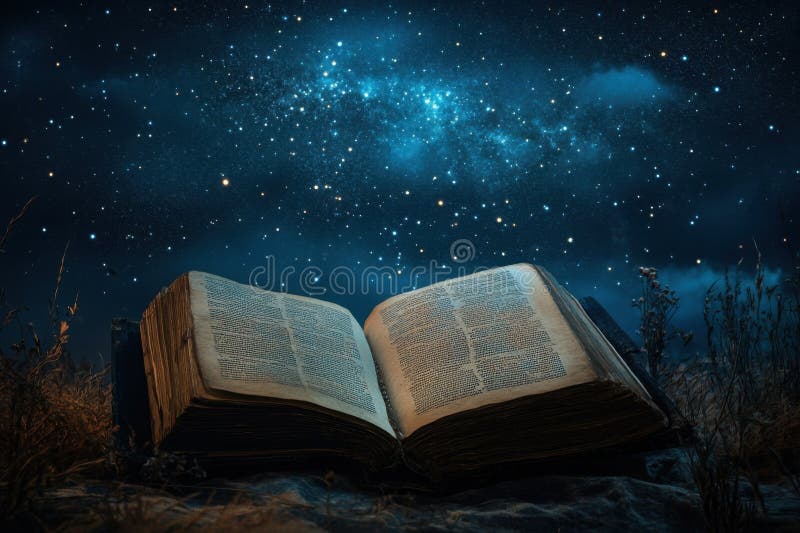 Open Book Under a Starry Night Sky Creating a Magical Atmosphere for ...