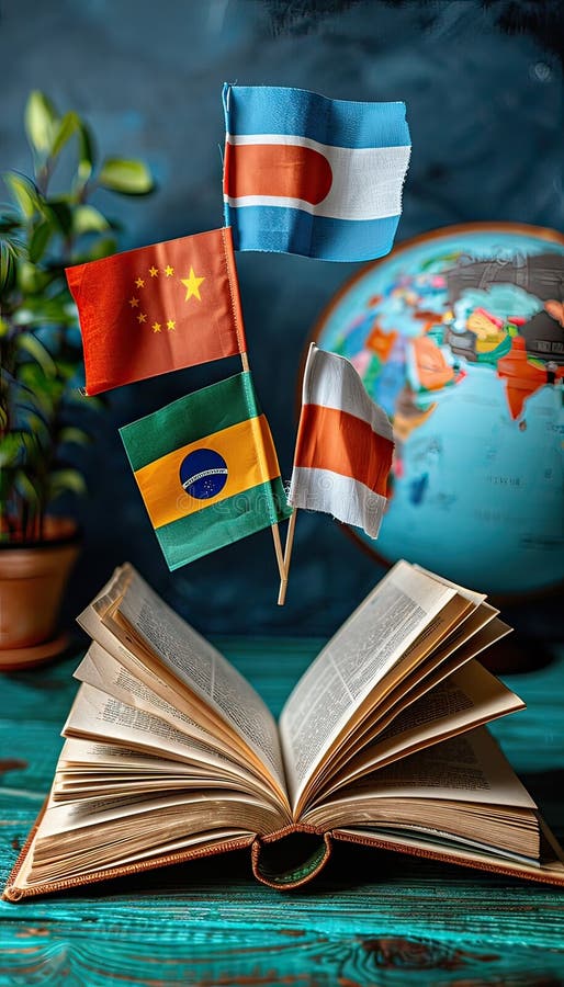 An Open Book with Various Flags and a Globe in the Background Stock ...