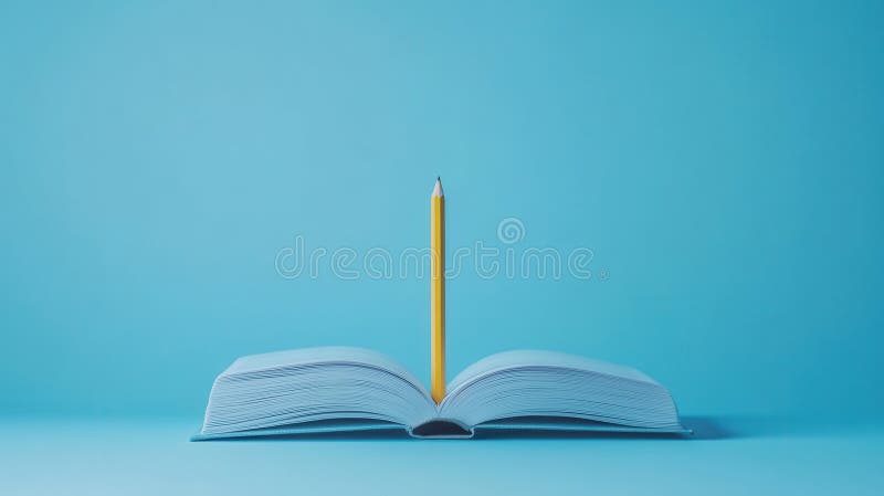 Open Book with a Vertical Pencil Balanced on Its Spine Against a Solid ...