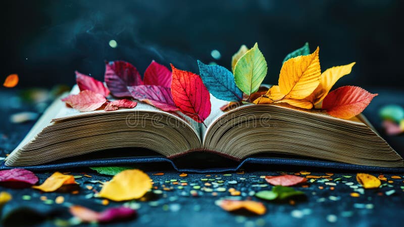 Open Book with Vibrant Autumn Leaves on Dark Background Stock Photo ...