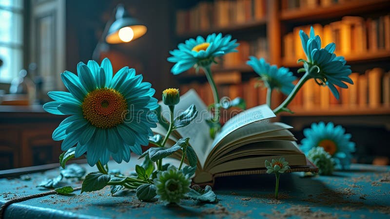 Open Book and Vibrant Blue Flowers in Cozy Library Setting Stock Photo ...