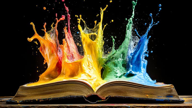 Open Book with Vibrant, Colorful Paint Splashes Exploding Outwards on a ...
