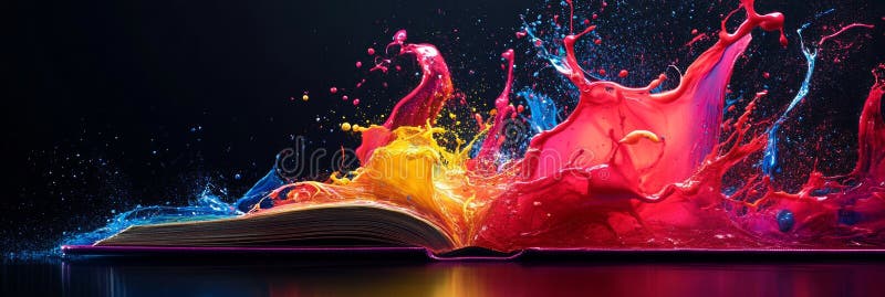 Open Book with Vibrant, Colorful Paint Splashes Exploding from Pages on ...