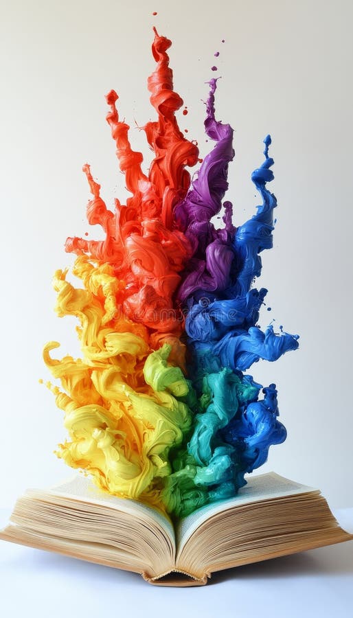 Open Book with a Vibrant Explosion of Colorful Paint, White Background ...