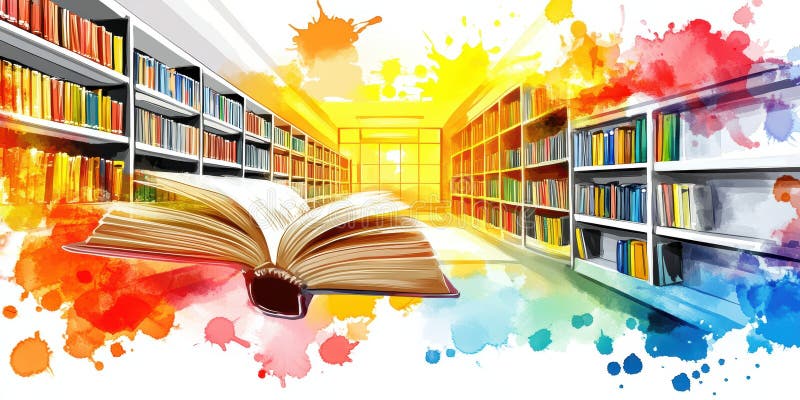 Open Book in Vibrant Library with Watercolor Splashes Education ...