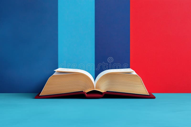 Open Book on a Vibrant Red and Blue Split Background Stock Illustration ...