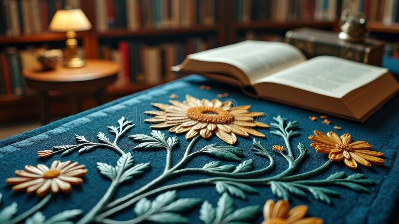 Open Book and Vintage Embroidery in Cozy Library Stock Photo - Image of ...