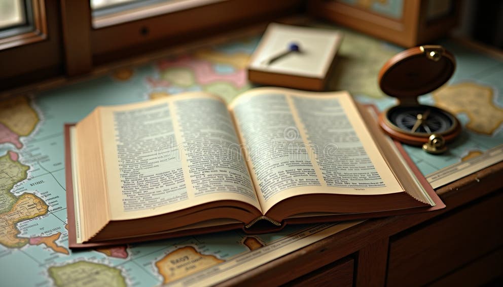 Open Book on a Vintage Map with a Compass and Writing Tools Nearby ...