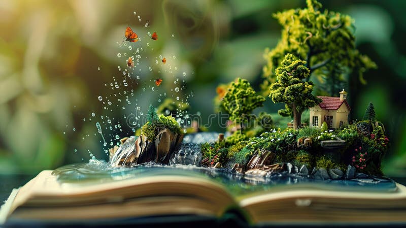Open Book with Water and Miniature Scene Stock Image - Image of ...