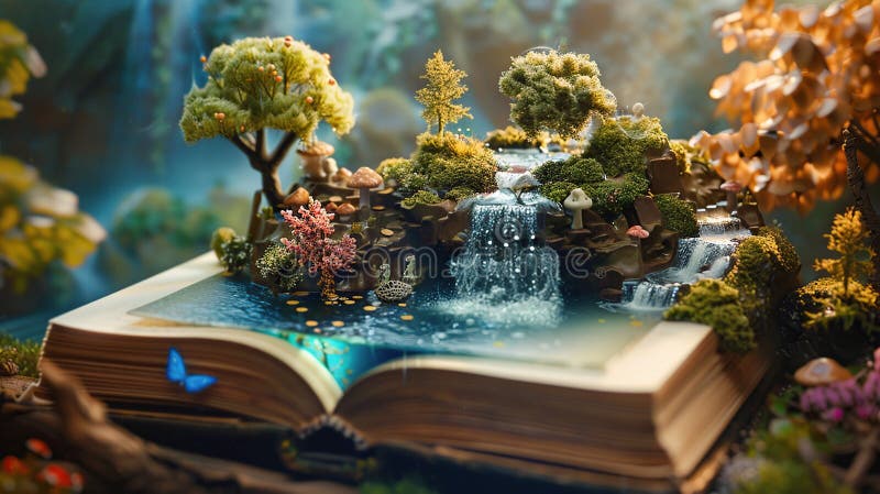 Open Book with Water and Miniature Scene Stock Image - Image of water ...