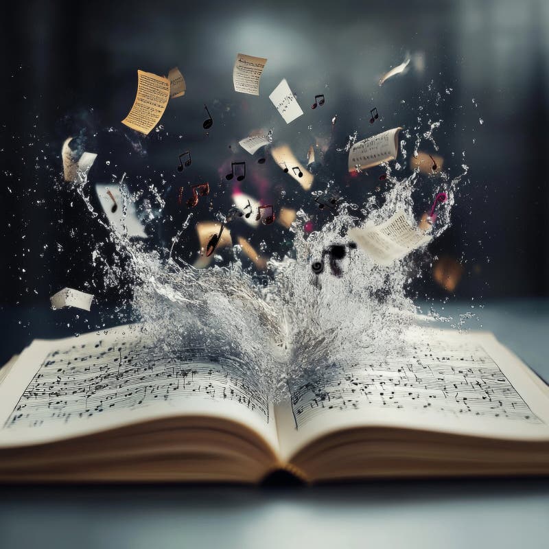 Open Book with Water Splashing and Music Notes Exploding, Symbolizing ...