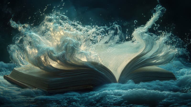 Open Book with Waves of Water and Glowing Energy Emerging Stock Image ...