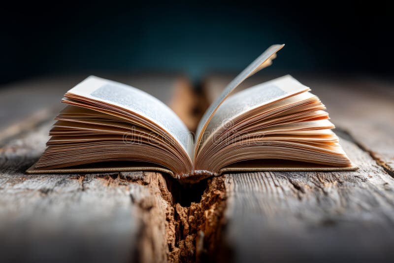 Open Book on a Weathered Wooden Surface with Dramatic Lighting and ...