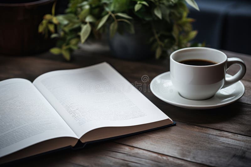 Open Book and a White Cup of Coffee on Table Stock Illustration ...