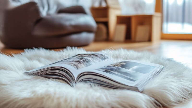 Open Book on a White Fur Rug in a Cozy Room Stock Illustration ...