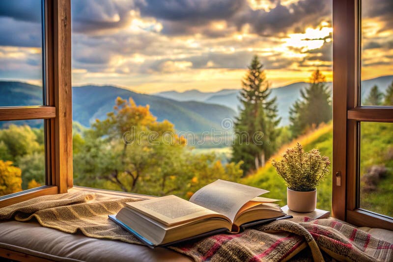Open Book on Window Seat, Scenic Mountain Sunset View Stock ...